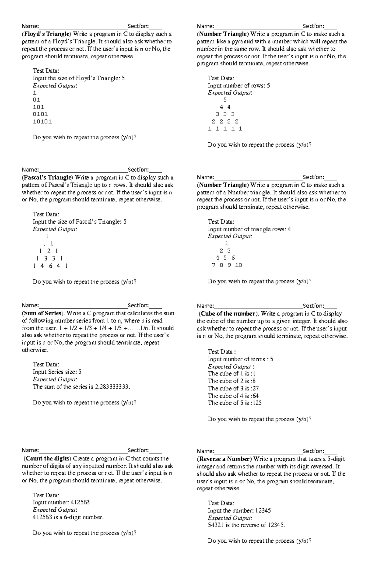 Loops-Problems - Examples - Name:________________________Section ...