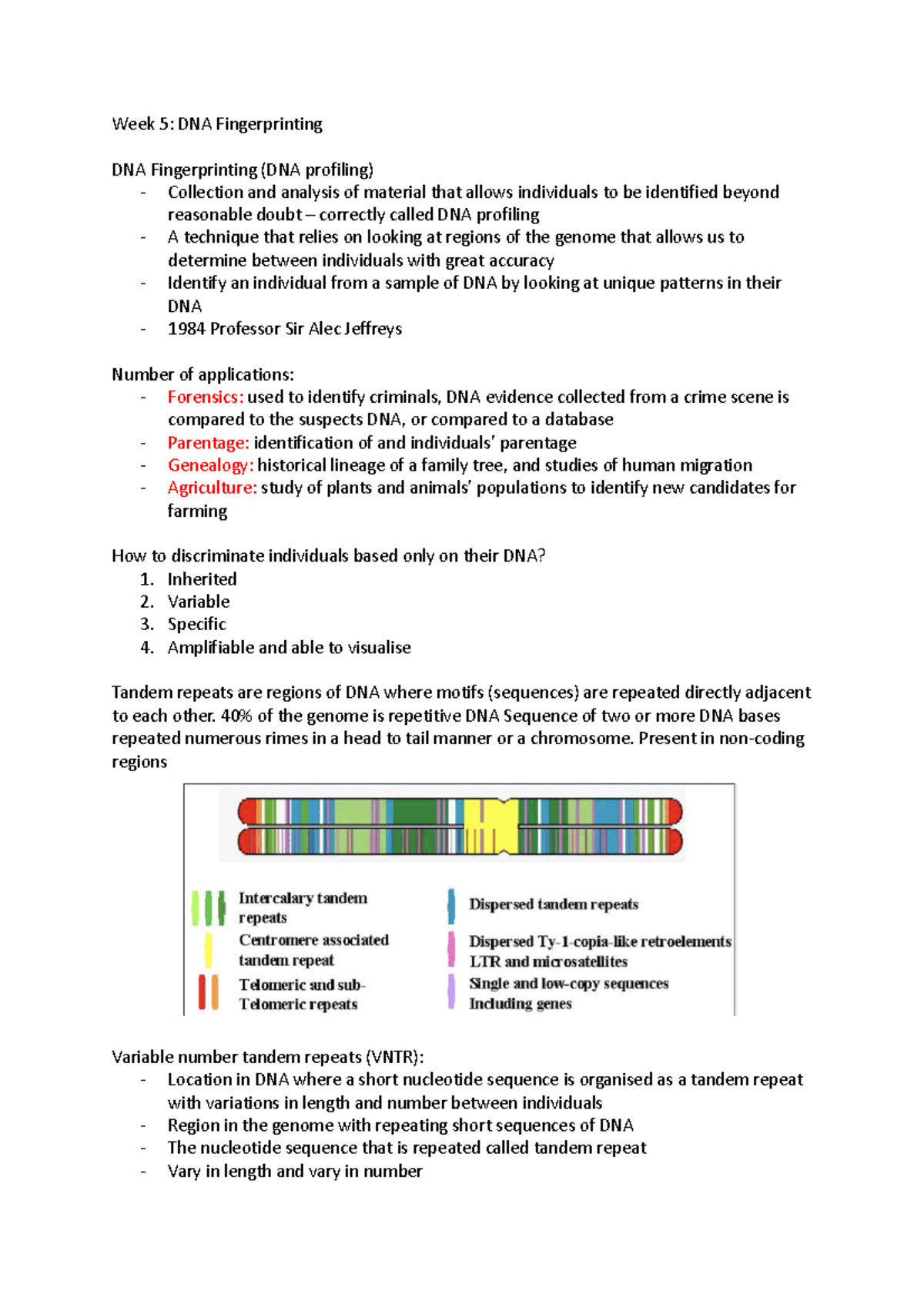 Week 5 - notes - Week 5: DNA Fingerprinting DNA Fingerprinting (DNA ...