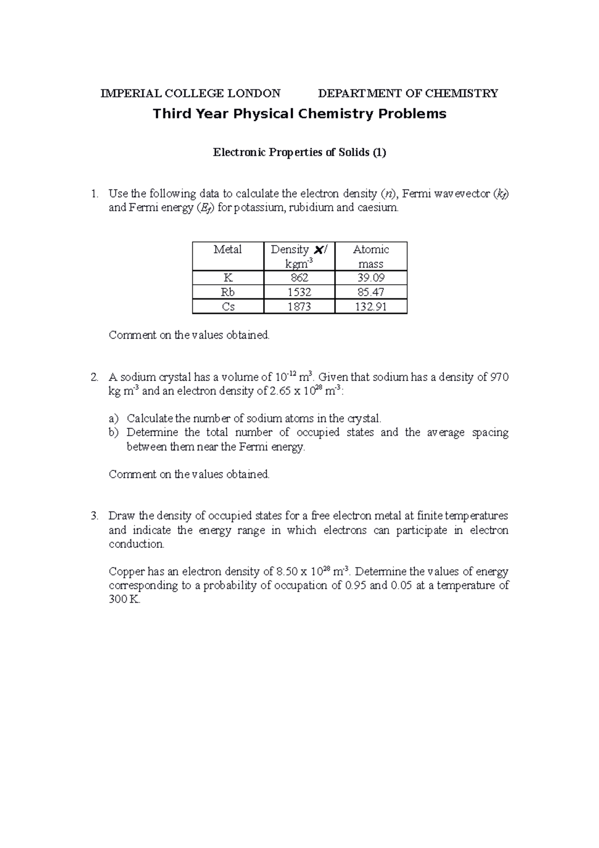 Solid state Problem Sheets - IMPERIAL COLLEGE LONDON DEPARTMENT OF ...