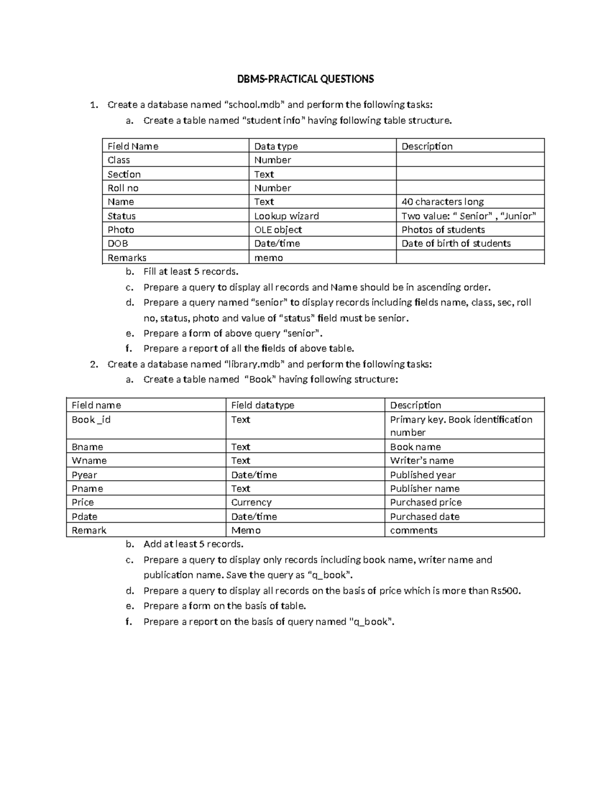 149032367 Ms access practical questions - DBMS-PRACTICAL QUESTIONS ...