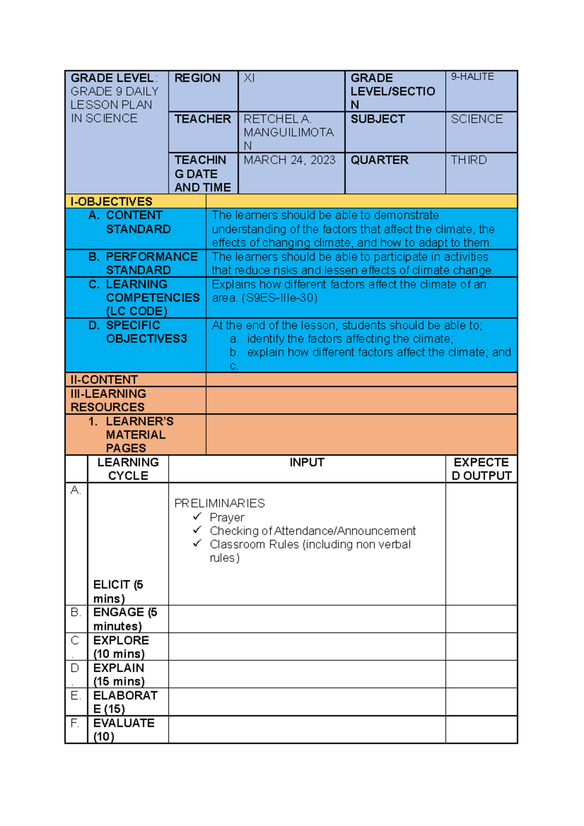 2. Climate - lesson plan - GRADE LEVEL: GRADE 9 DAILY LESSON PLAN IN ...