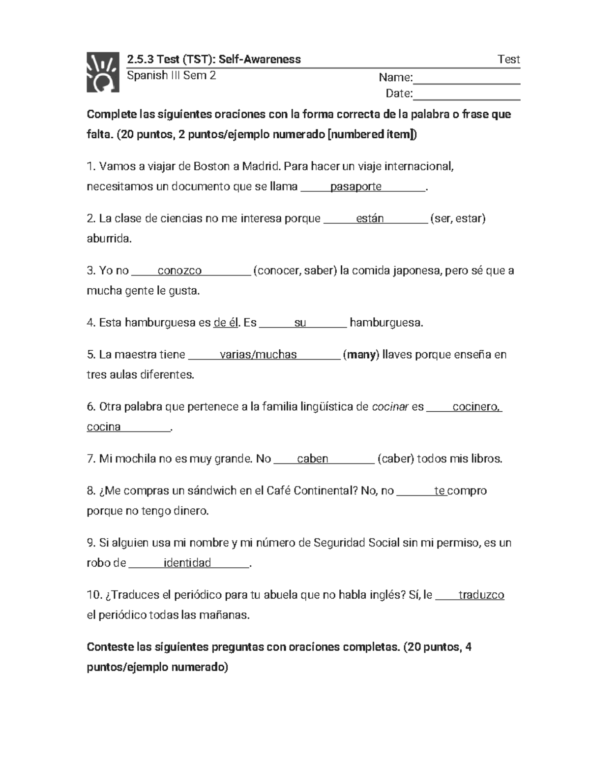 2.5.3 Test (TST) - Self-Awareness (Test) - 2.5 Test (TST): Self ...