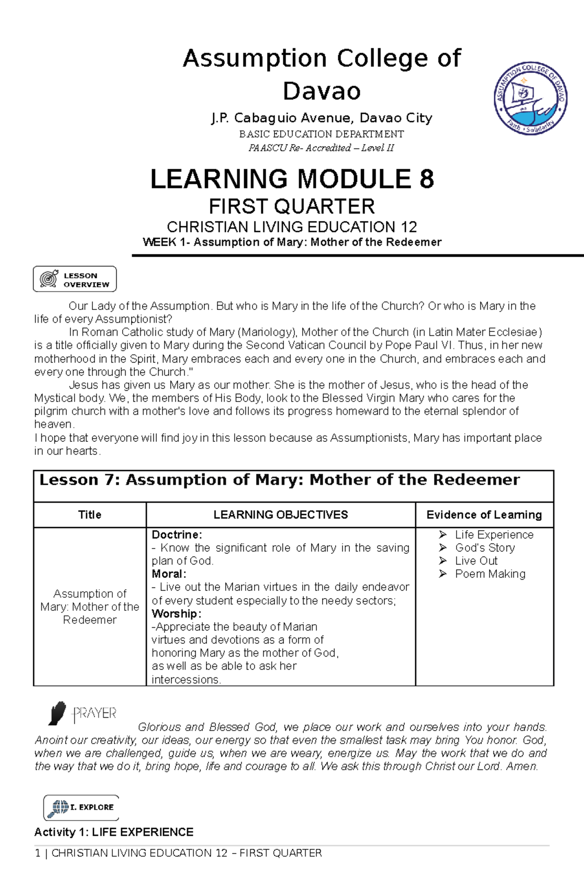 Module 1 Assumption OF MARY - LEARNING MODULE 8 FIRST QUARTER CHRISTIAN ...