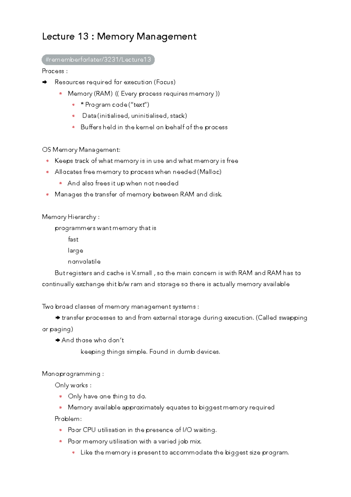 Lecture 13 Memory Management - Lecture 13 : Memory Management # ...