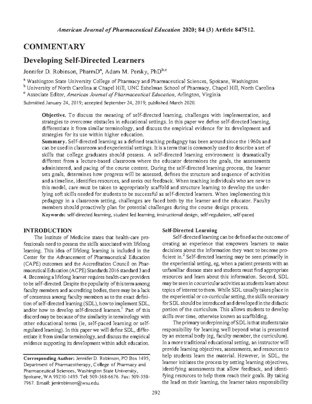 Developing Self-Directed Learners - COMMENTARY Developing Self-Directed Learners Jennifer D ...