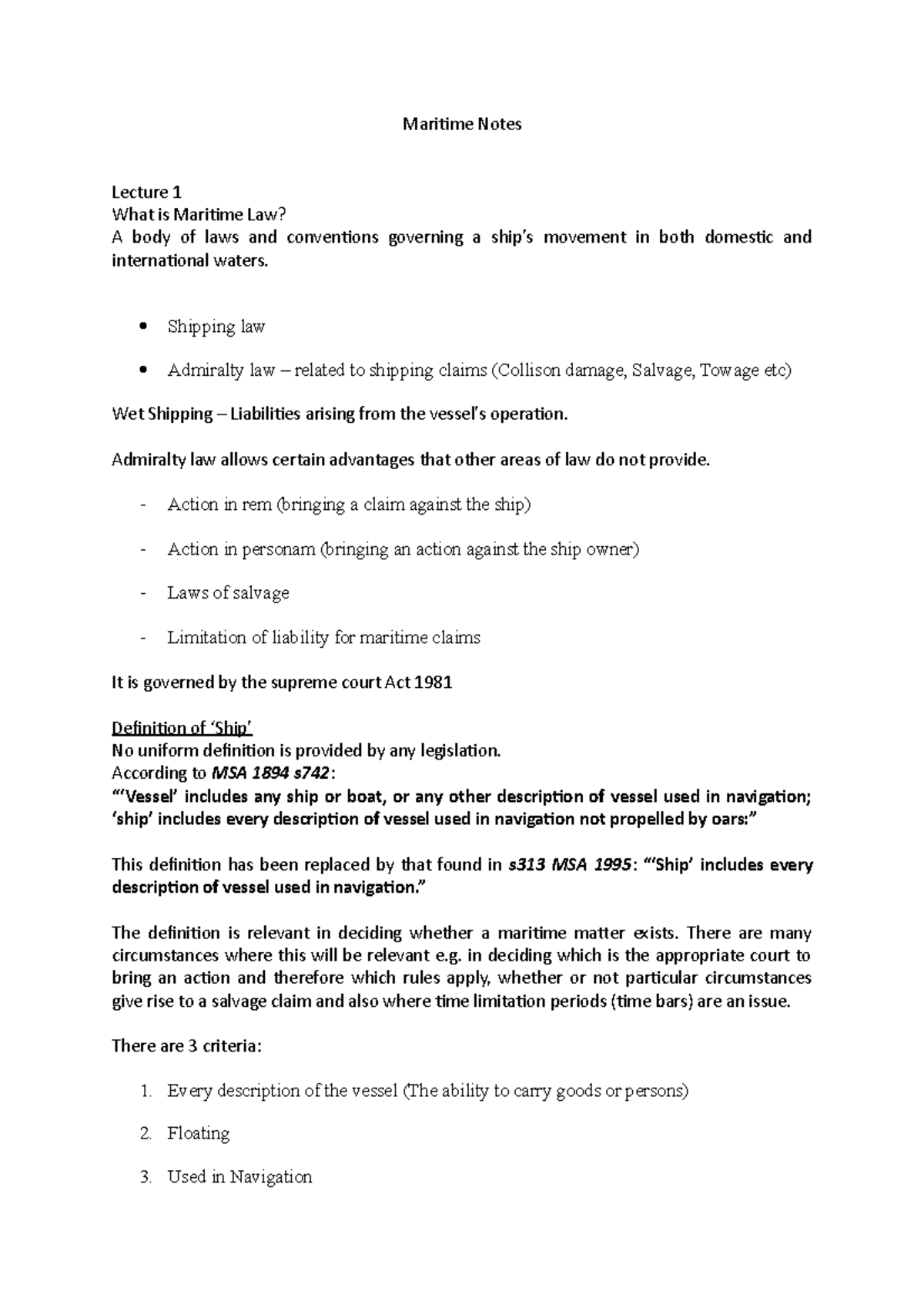 Maritime Notes - Maritime Notes Lecture 1 What is Maritime Law? A body ...