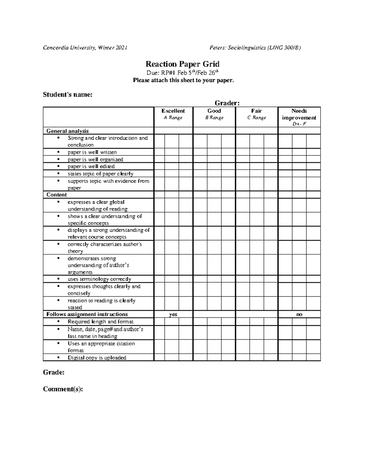 Reaction Paper-grading-grid2021, for students studying - Concordia ...