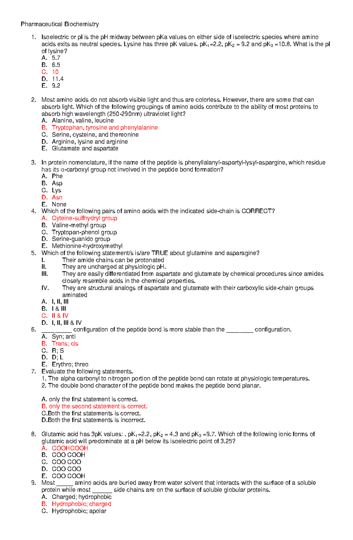 Biochemistry Answer Key-RED Pacop - Pharmaceutical Biochemistry ...