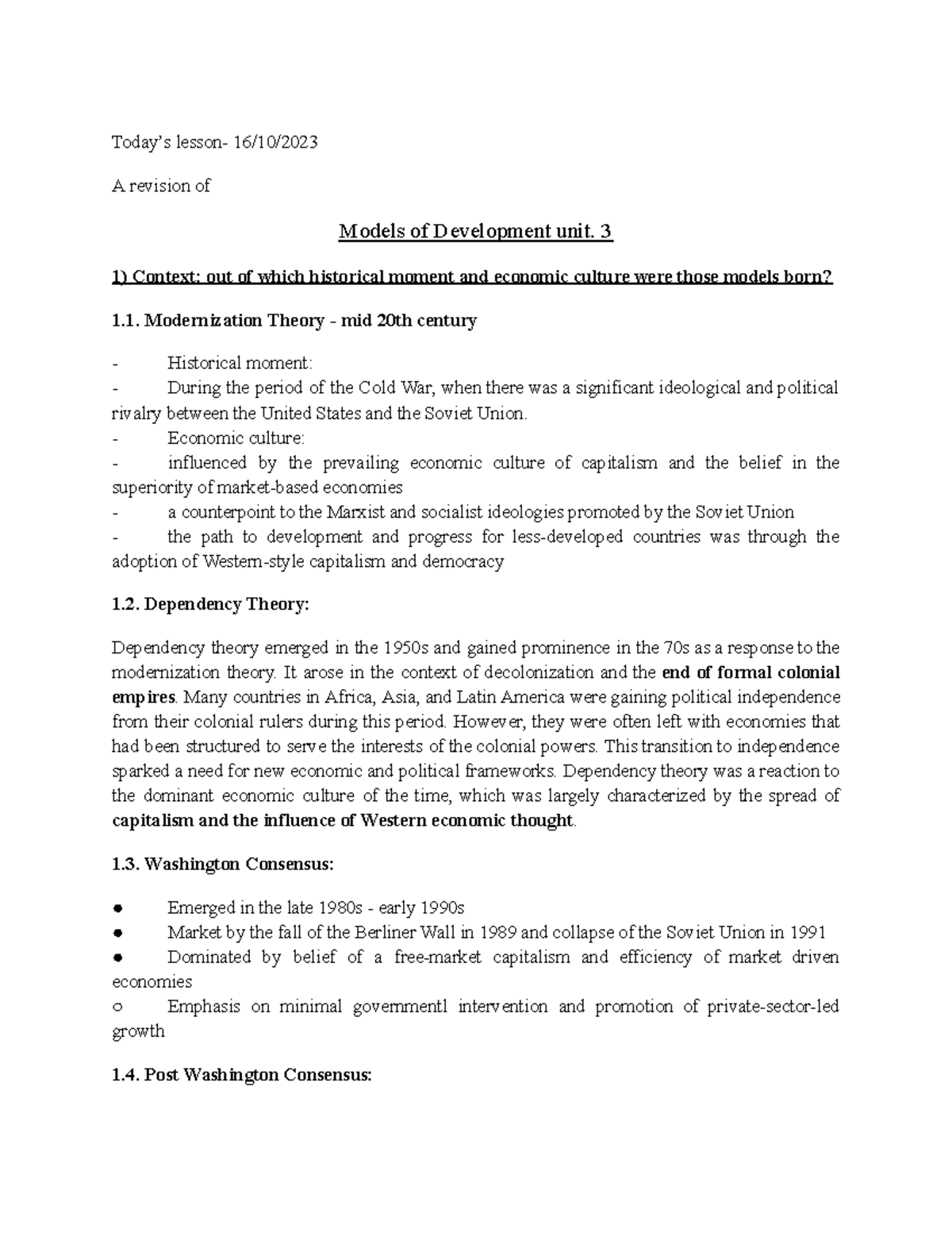 Glo Po - Models of Development unit - Today’s lesson- 16/10/ A revision ...