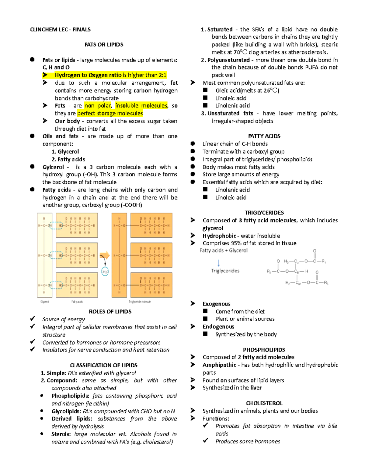 CLINICAL CHEMISTRY: LIPIDS - CLINCHEM LEC - FINALS FATS OR LIPIDS Fats ...