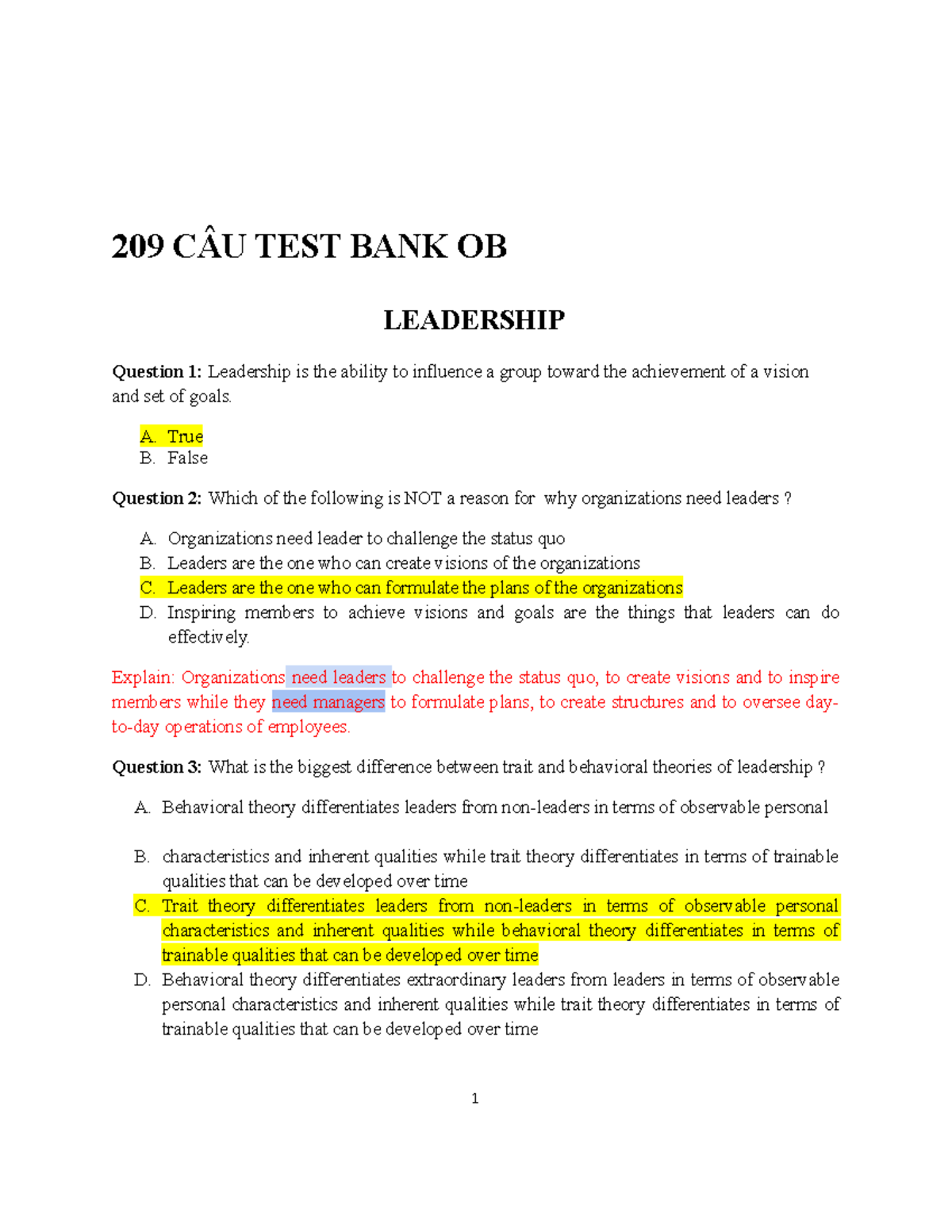 Test Bank OB - questions only - 209 CÂU TEST BANK OB LEADERSHIP ...