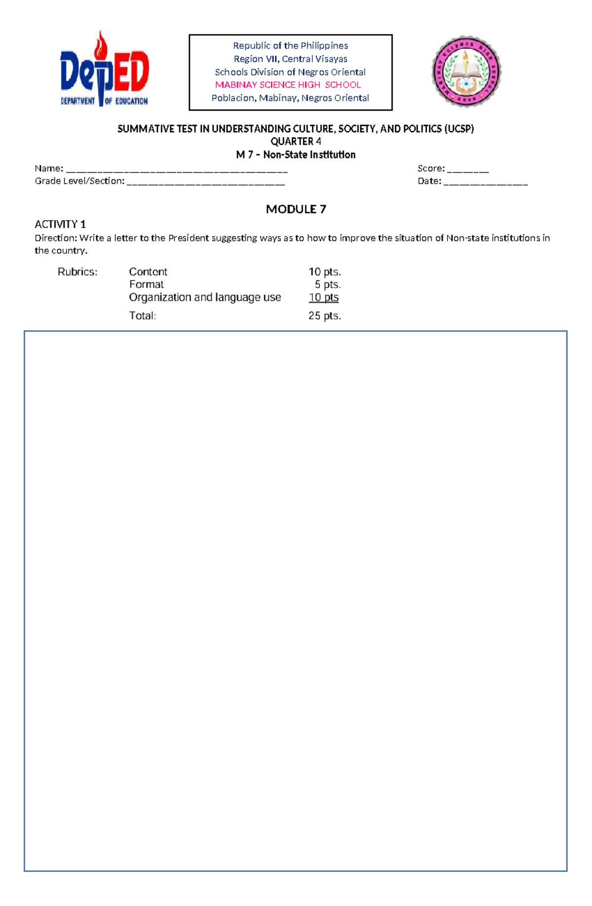 UCSP Q4 M7 Activity 1 - Here - SUMMATIVE TEST IN UNDERSTANDING CULTURE ...