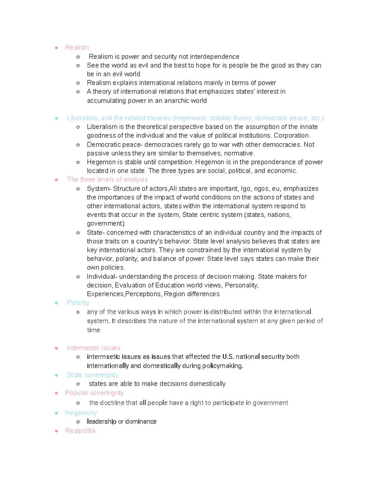 Ir study guide - Realism Realism is power and security not ...