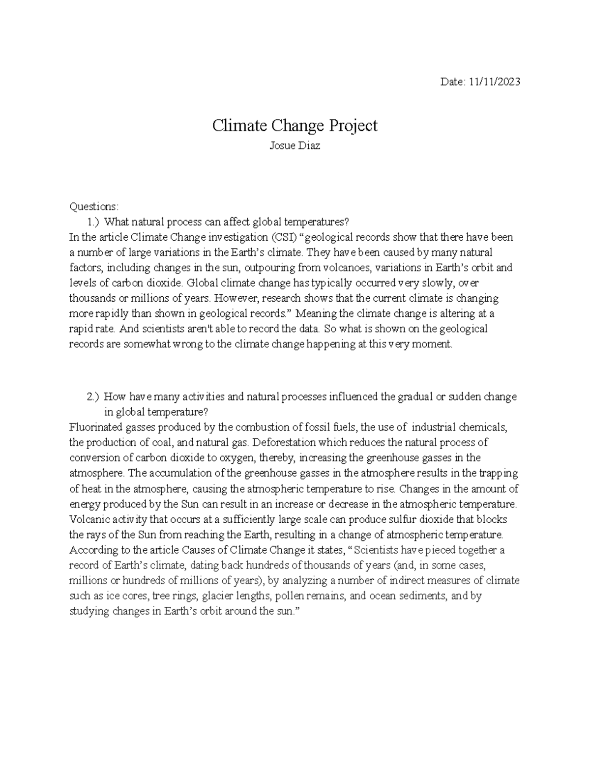 Climate Change Project 11 11 2023 - Date: 11/11/ Climate Change Project ...
