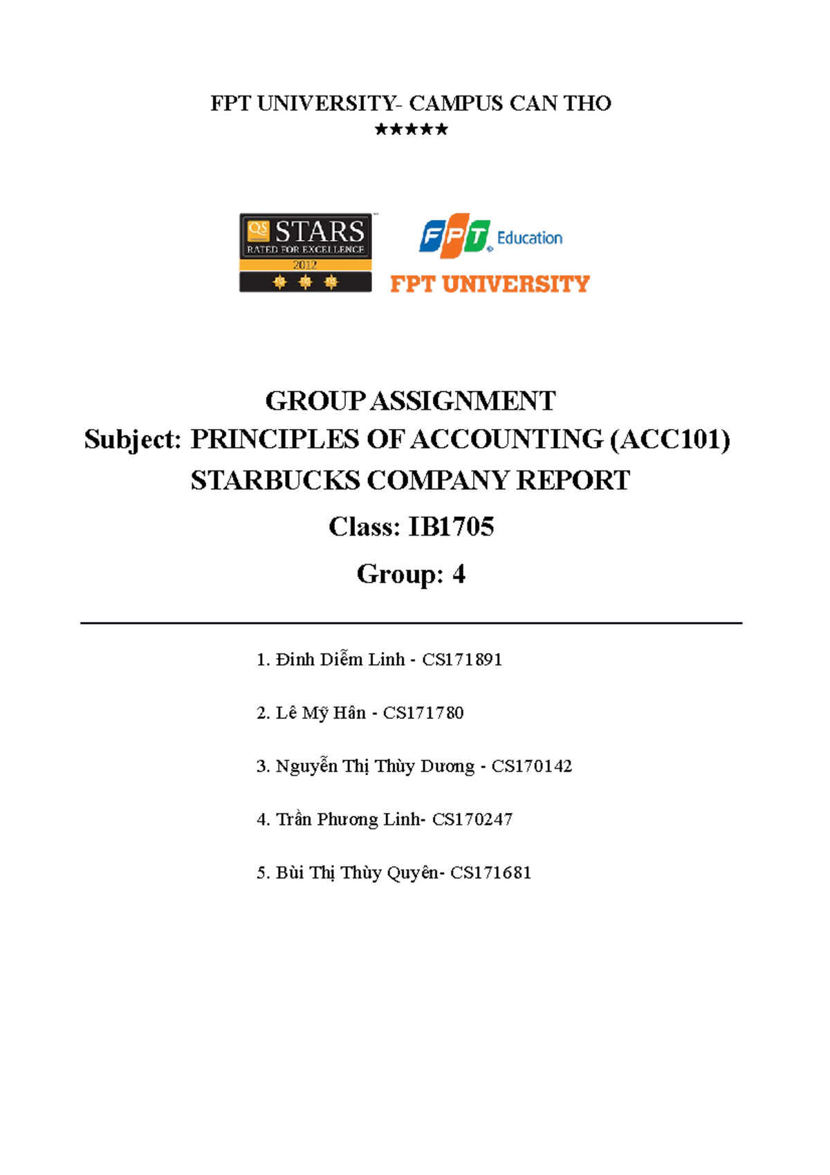 Group Assignment Acc101 Fpt University Campus Can Tho Group Assignment Subject Principles