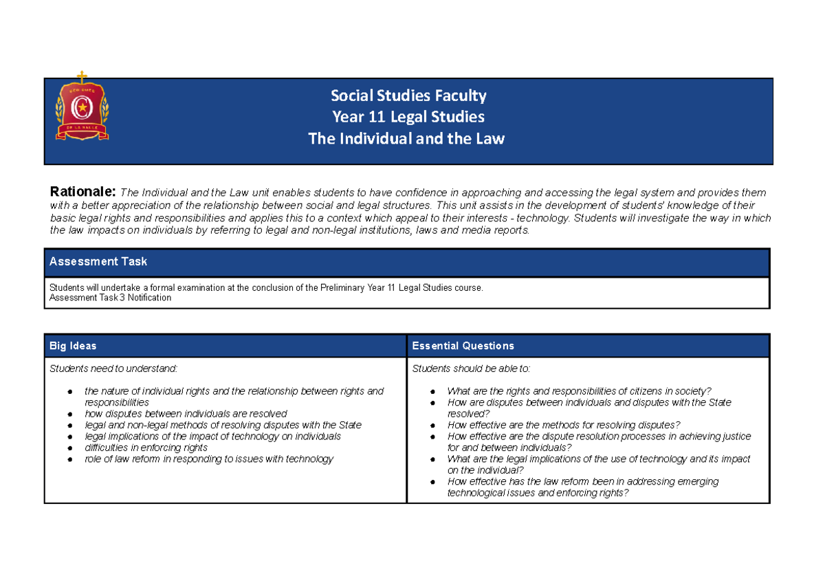Topic 3 - The Individual and the Law - Learning Plan - Social Studies ...