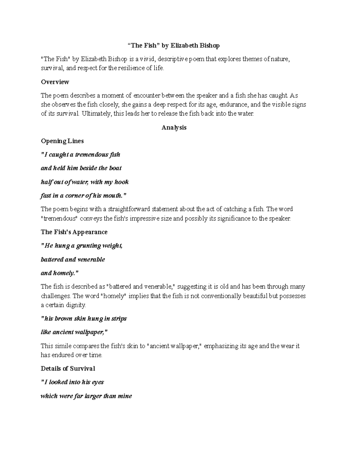 Document - Good - “The Fish” by Elizabeth Bishop "The Fish" by ...