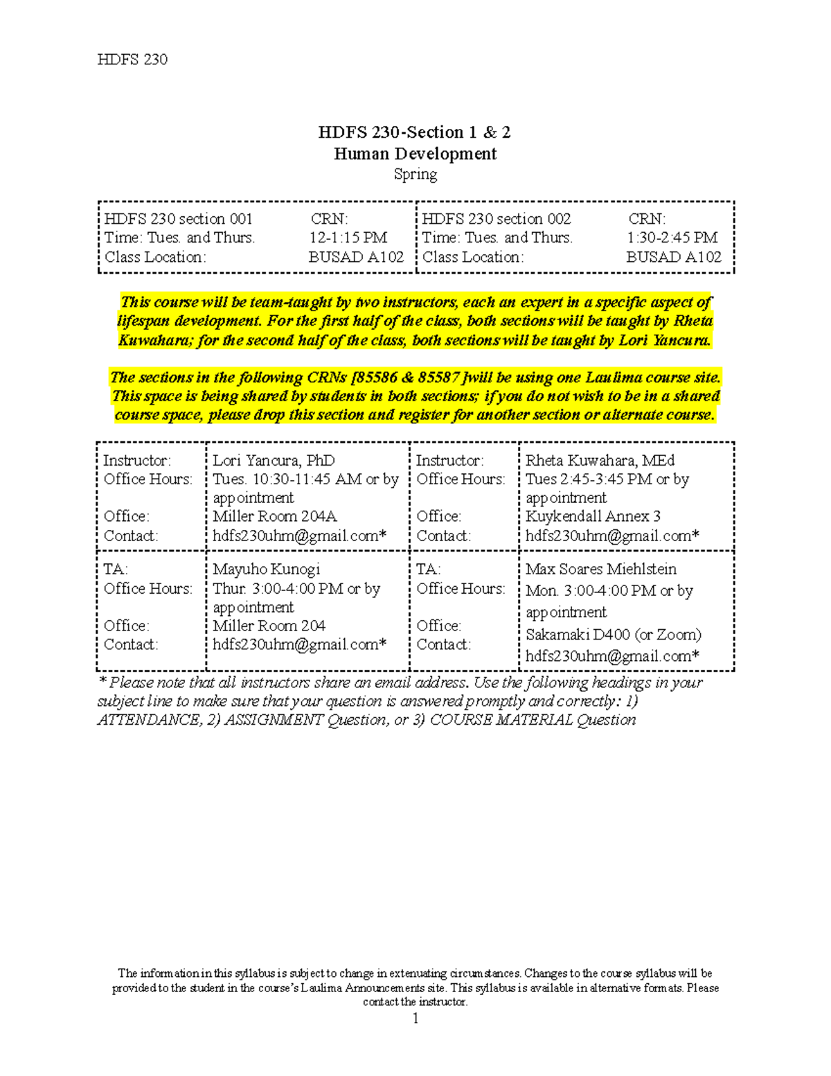 HDFS 230 Syllabus - HDFS 230-Section 1 & 2 Human Development Spring ...