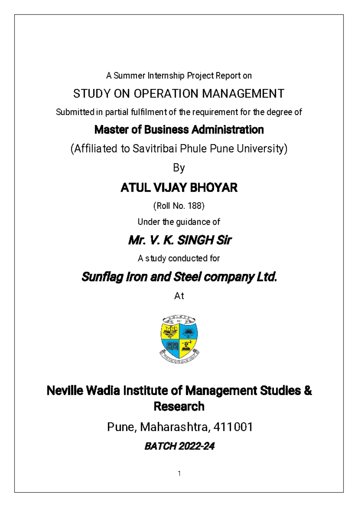 ATUL Sunflag Final - Imp - A Summer Internship Project Report on STUDY ...