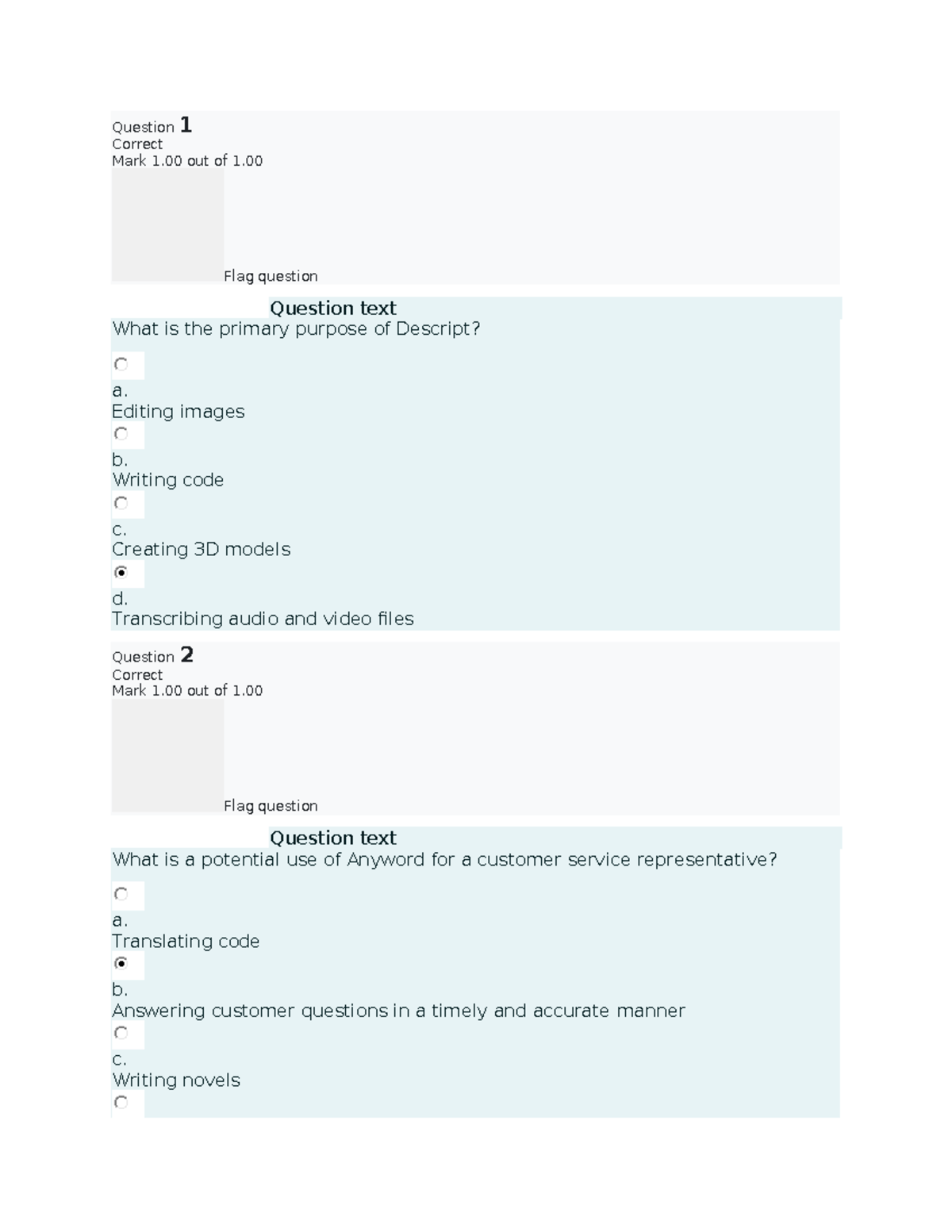 AI Prompt Engineering Final EXAM - Question 1 Correct Mark 1 out of 1. Flag question Question ...
