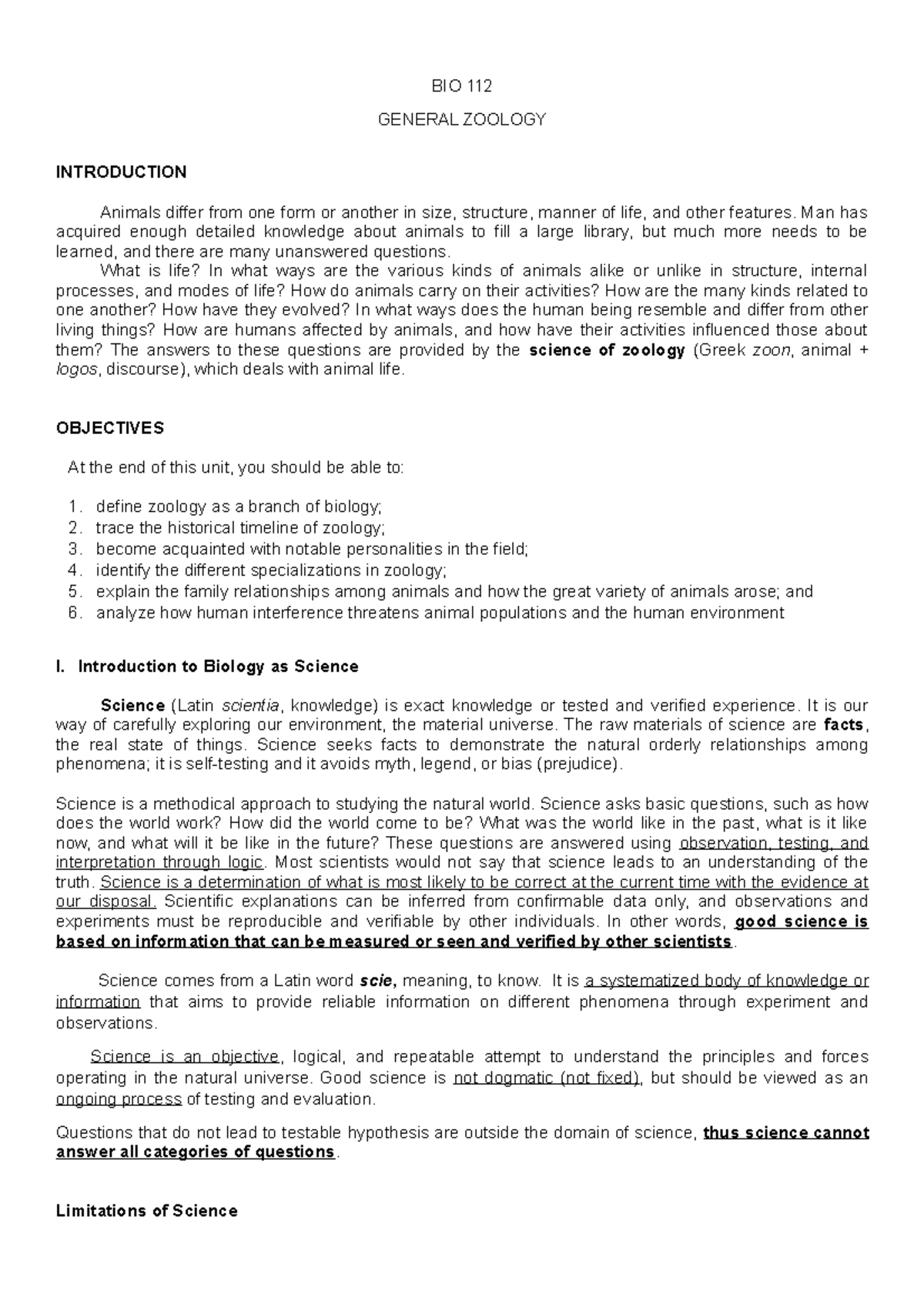 Chapter 1. Introduction to Zoology - BIO 112 GENERAL ZOOLOGY ...