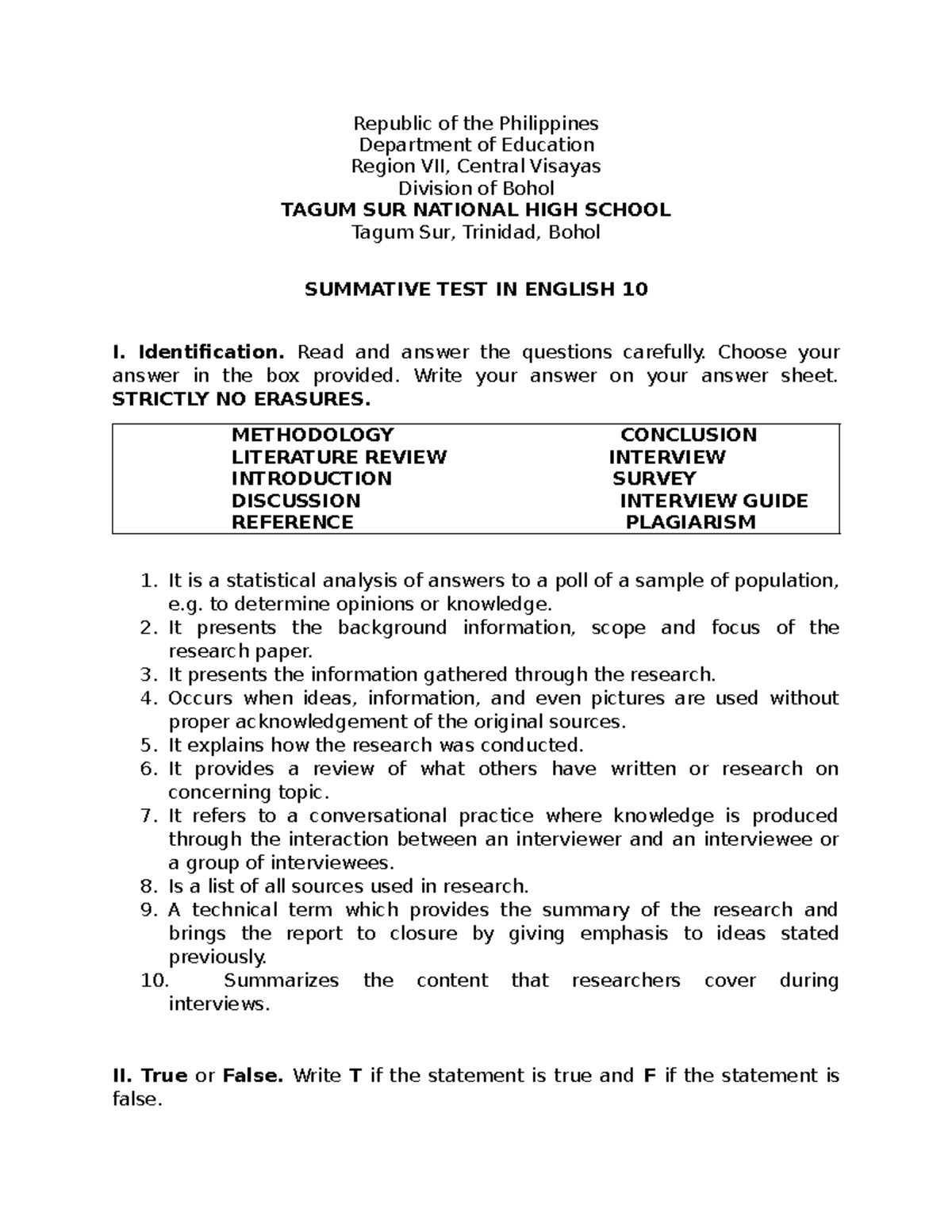 Summative TEST Grade 10 - Republic of the Philippines Department of ...