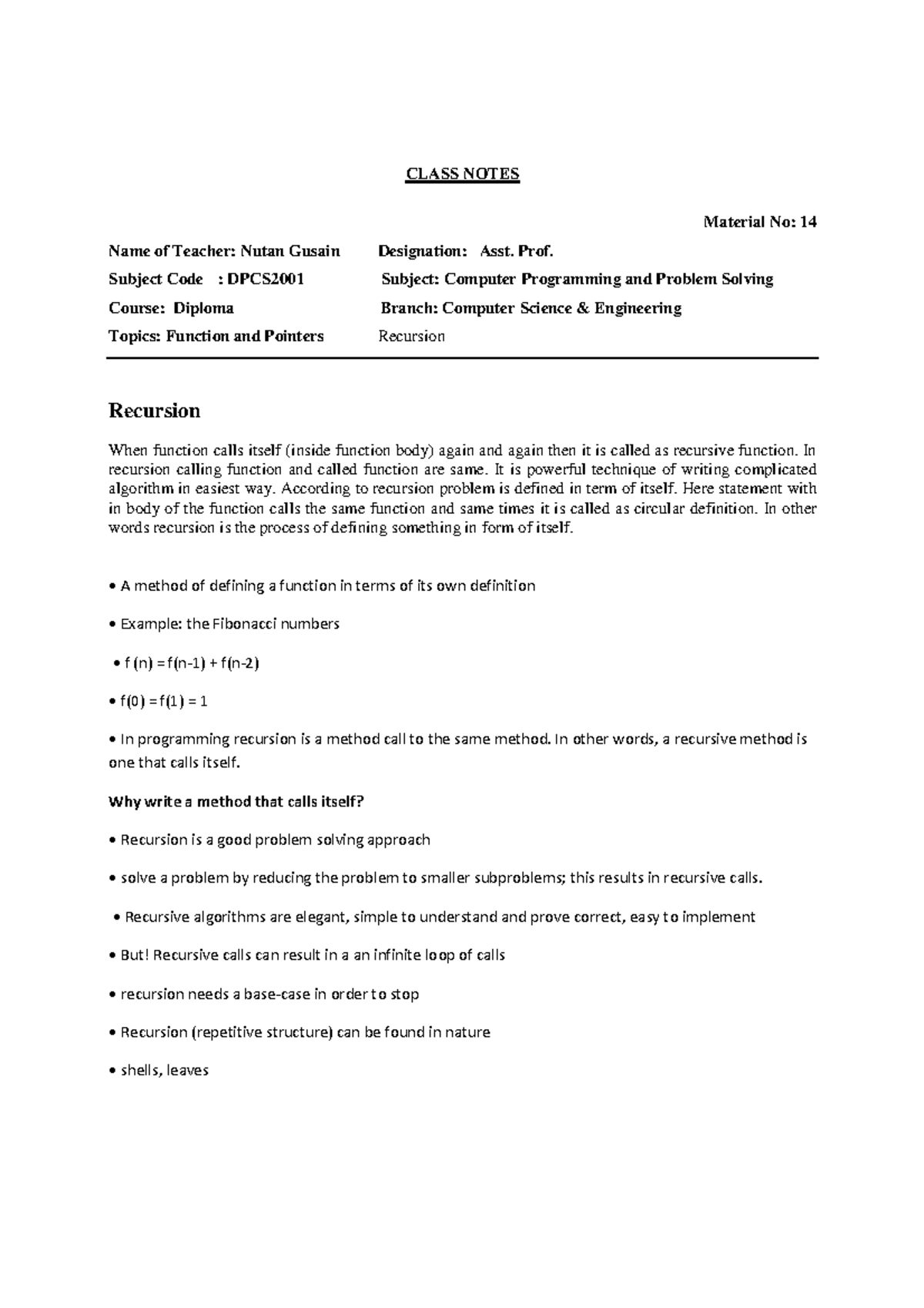 42 Recursion Lecture Notes 1 Computer Programming And Problem