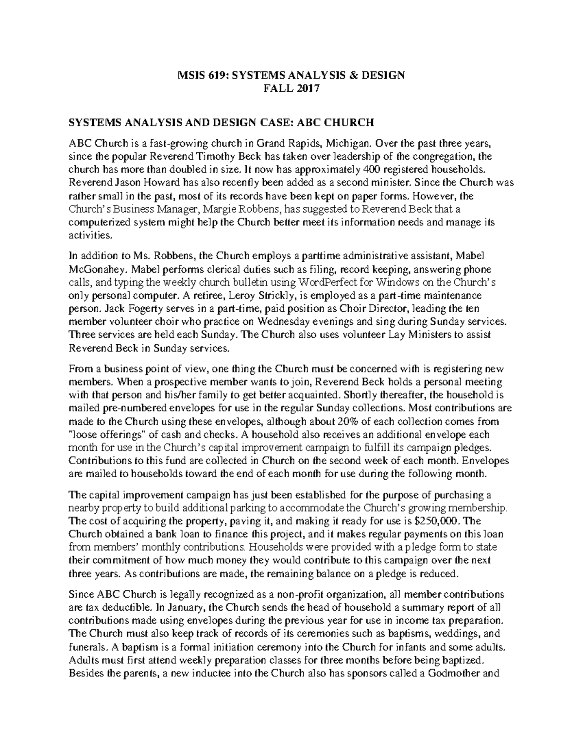 Case ABC Church - Case Study - MSIS 619: SYSTEMS ANALYSIS & DESIGN FALL ...