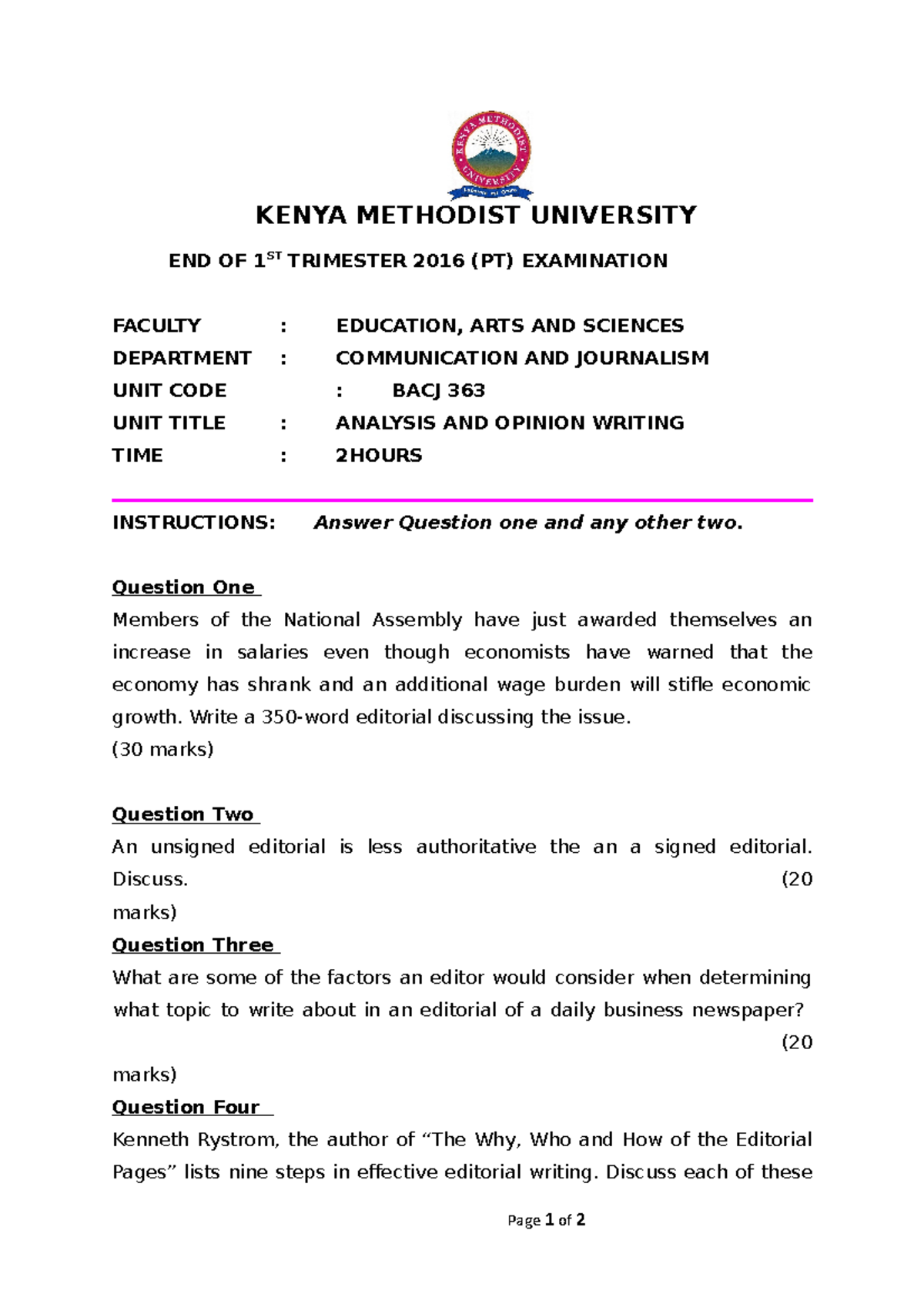 Analysis AND Opinion Writing (BACJ 363) 1ST Trimester 2016 - KENYA METHODIST UNIVERSITY END OF ...