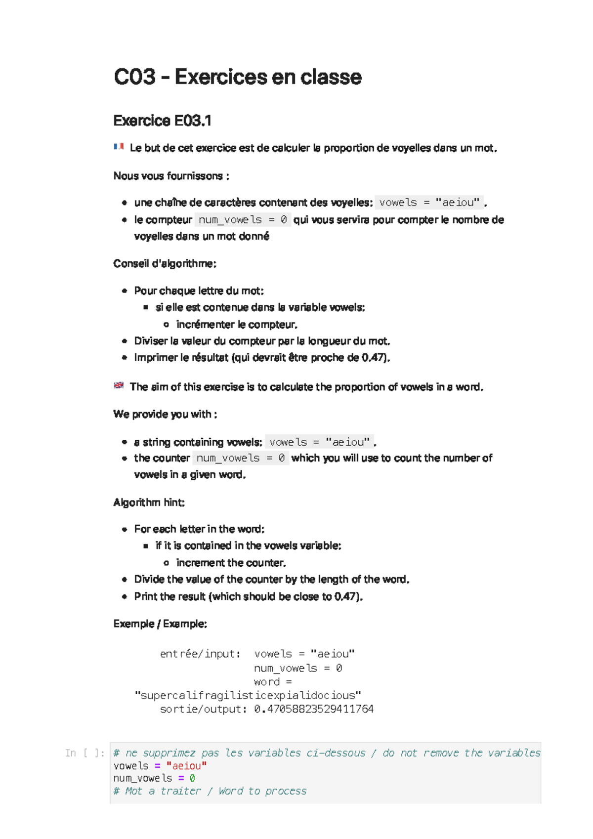 C03 - In Class - solutions - C 03 - Exercices en classe Exercice E03 ...