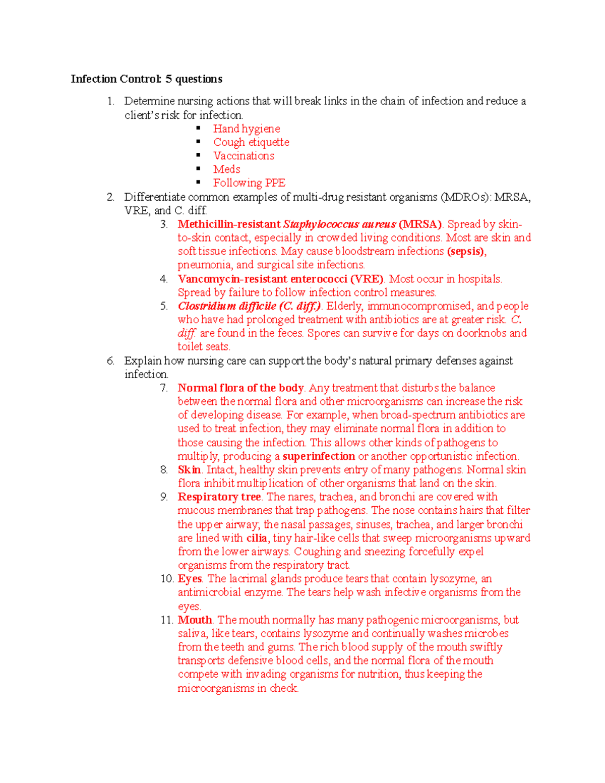 Exam1 Final - Infection Control: 5 questions Determine nursing actions ...