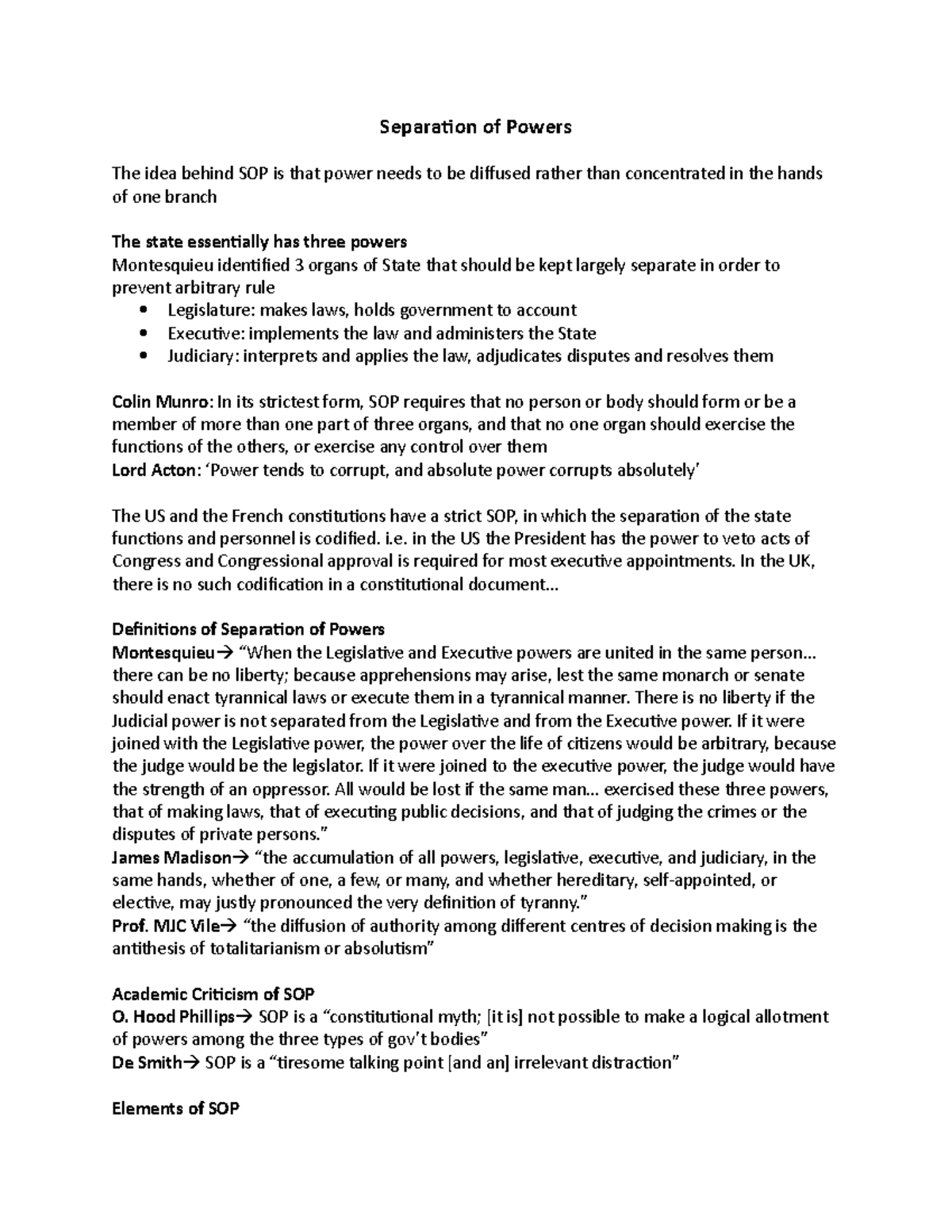 Separation of Powers Revision Notes Queen Mary - Separaion of Powers ...