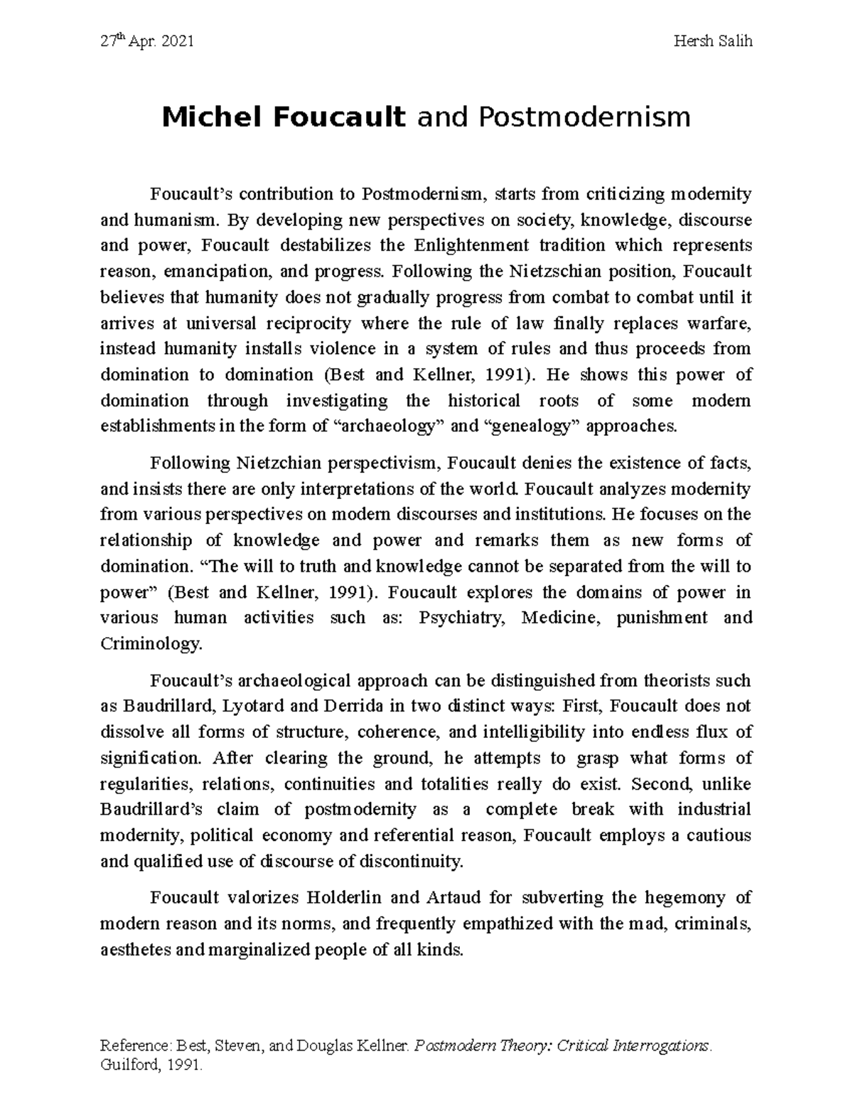 Foucault: the postmodern viewpoints of foucault - 27 th Apr. 2021 Hersh ...