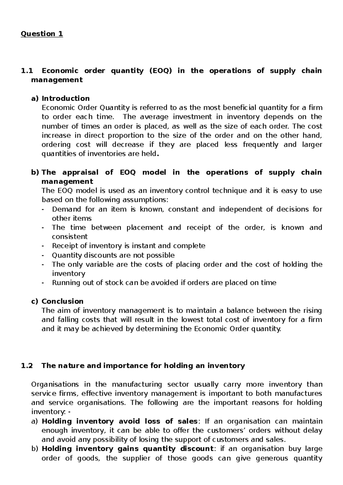 Operations and Supply Chain Management Answer Booklet - Question 1 1 ...