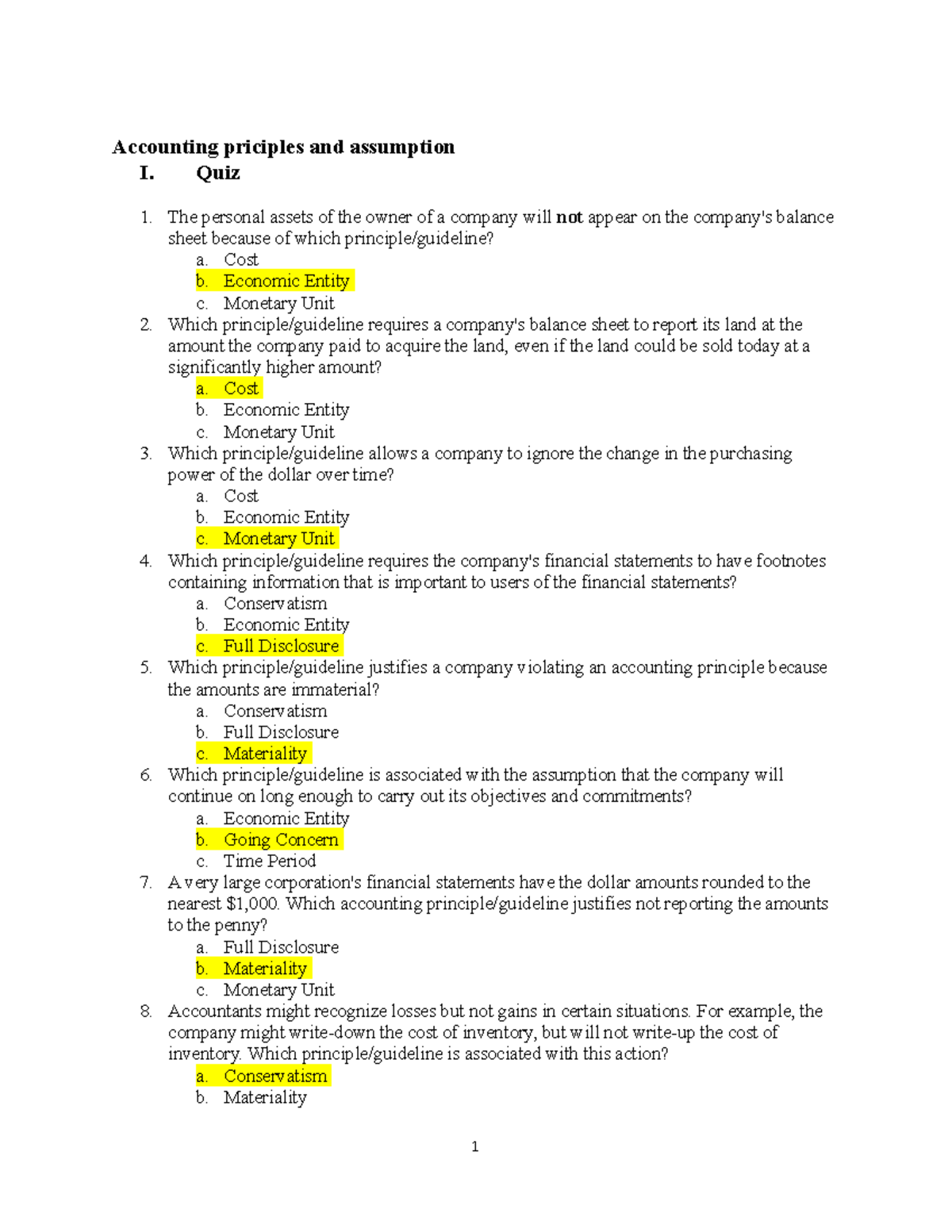 Acct principles and assumption quiz week1 - Accounting priciples and ...