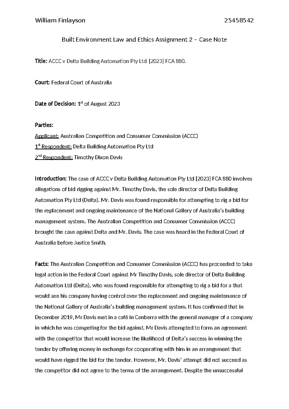 Built Environment Law and Ethics Assignment 2 - Court: Federal Court of ...
