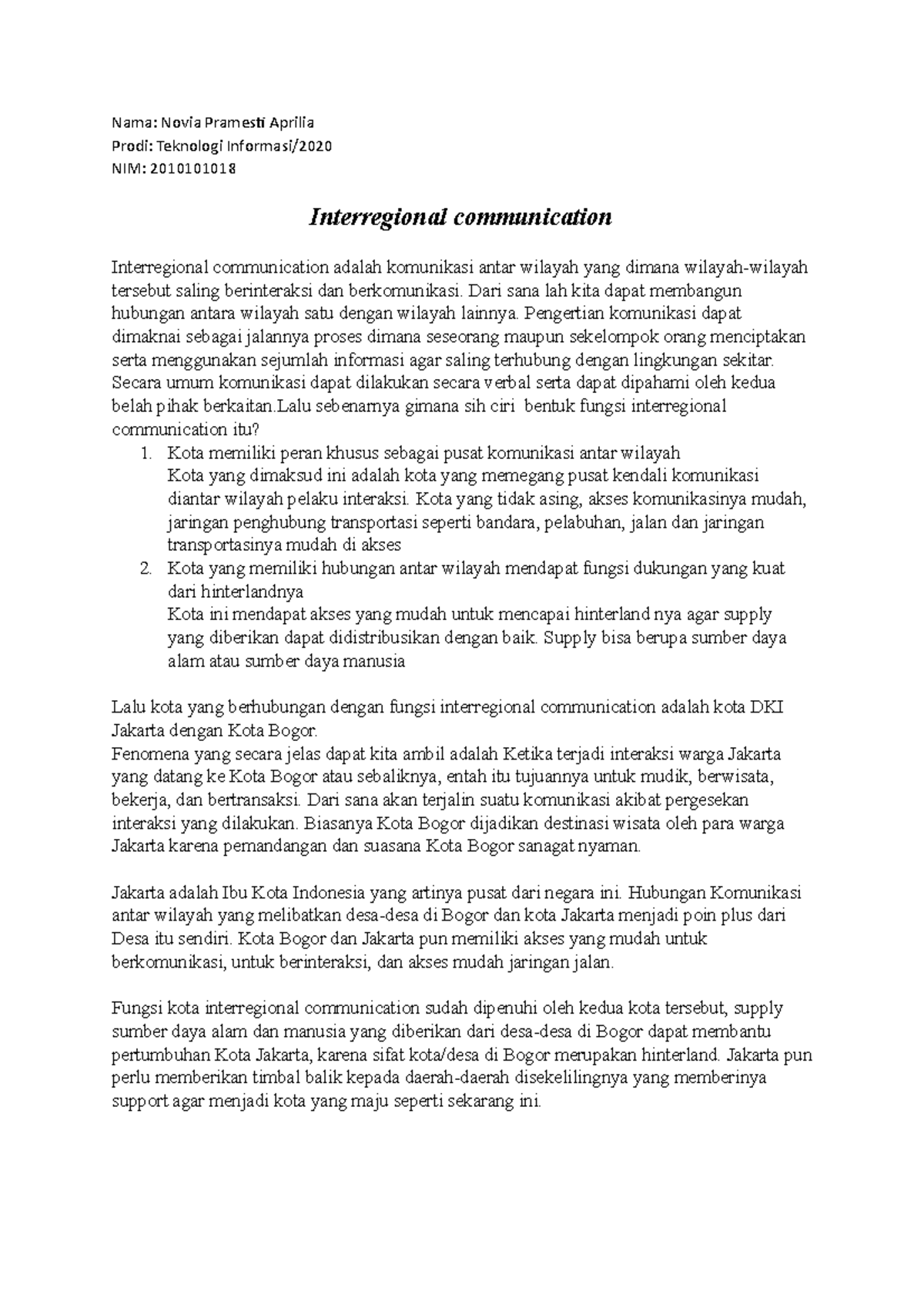 Interregional communication - Nama: Novia Pramesti Aprilia Prodi ...