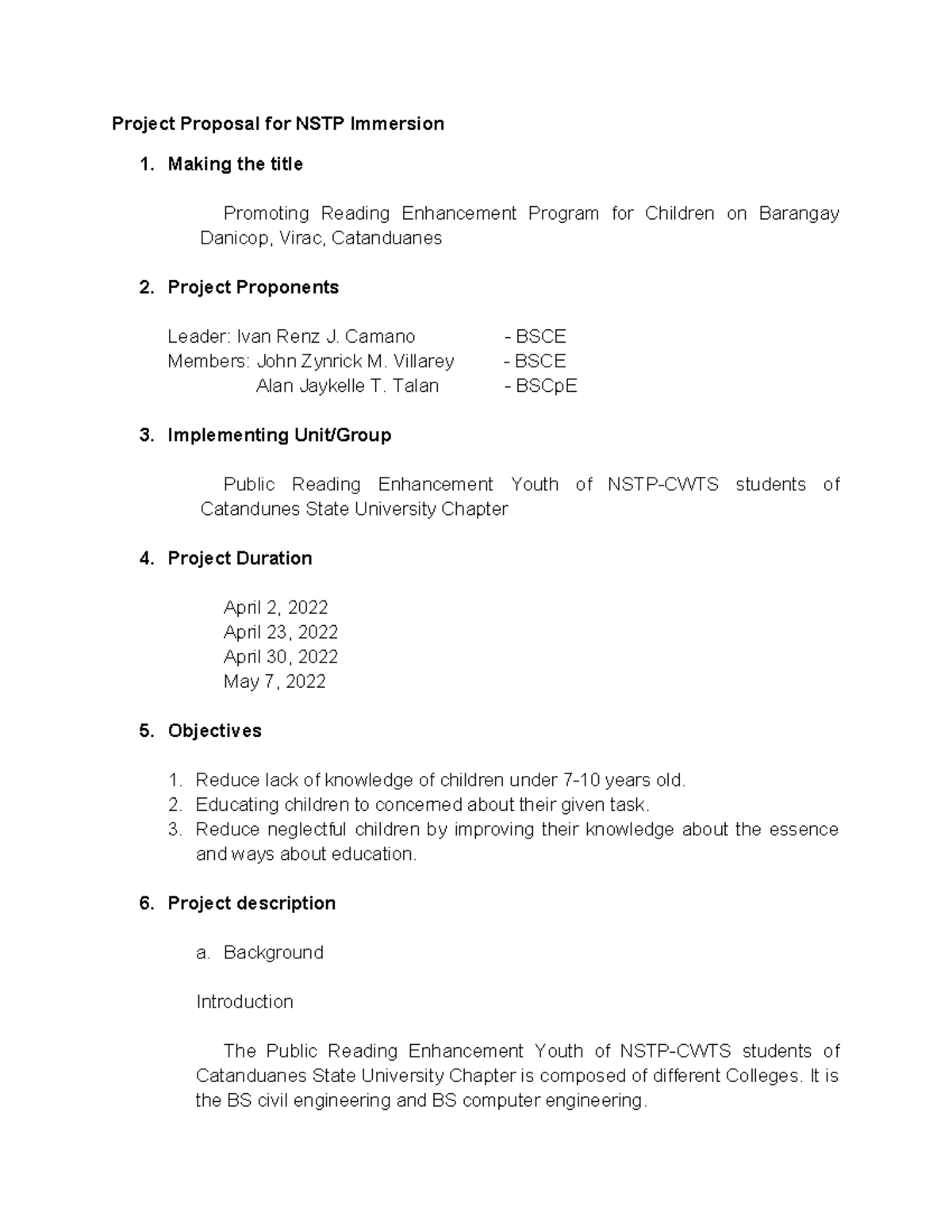 567678578 Project Proposal for NSTP 2 Immersion - Project Proposal for NSTP Immersion 1. Making ...