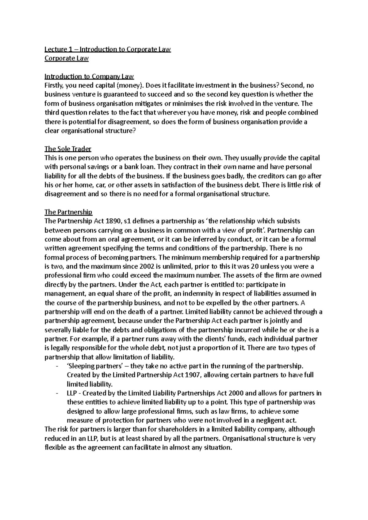 Lecture 1 - Introduction to Corporate Law - Lecture 1 – Introduction to ...