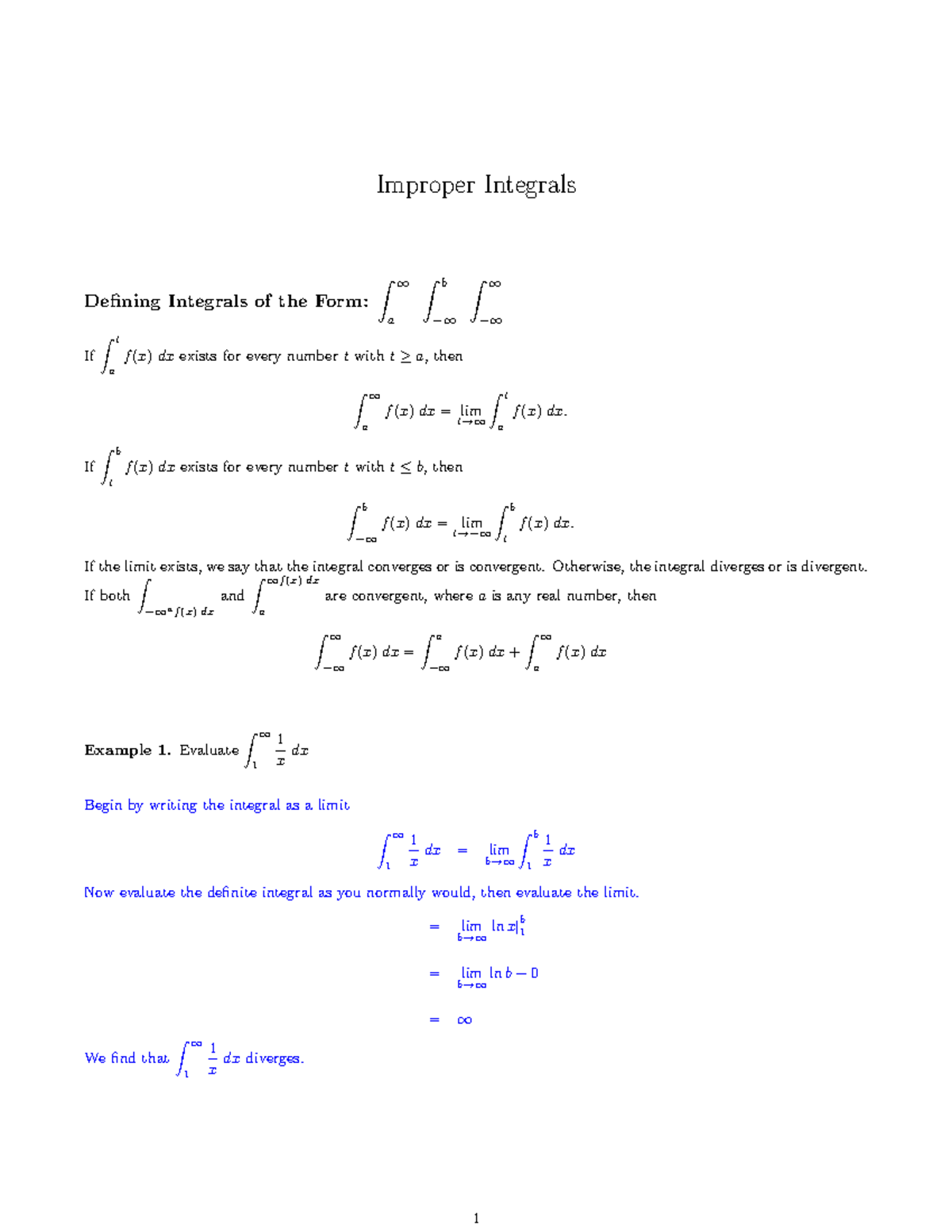 Lesson 7 Improper Integrals (Solutions) - Improper Integrals ˆ ˆ ∞ ˆ b ∞ Defining Integrals of ...