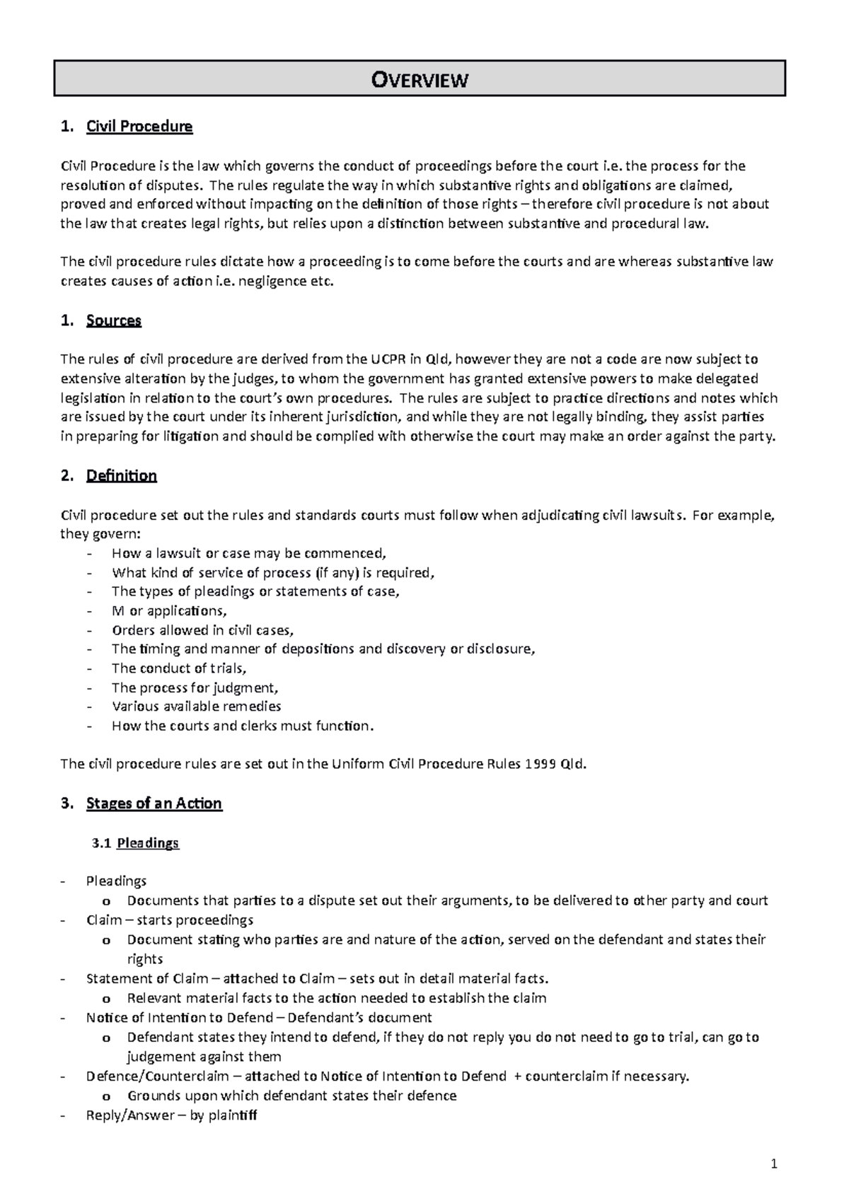 Civil Procedure - Exam Notes - OVERVIEW 1. Civil Procedure Civil ...