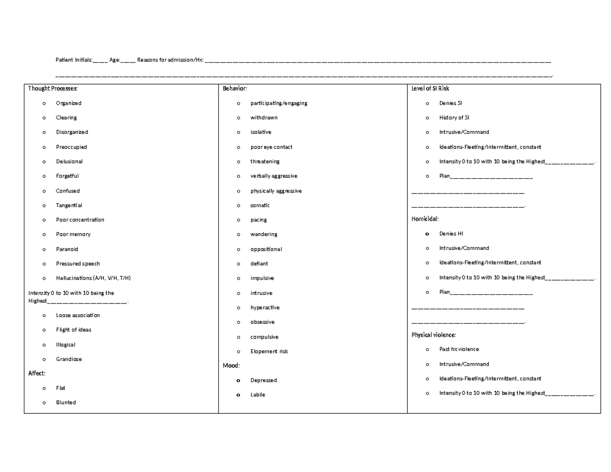 Mental Health Patient Clinical Data Collection Form Jones - Patient ...