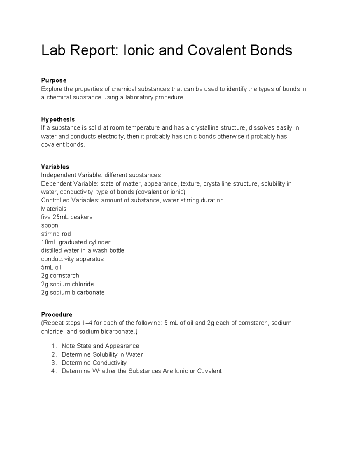 Lab Report Ionic and Covalent Bonds - Lab Report: Ionic and Covalent ...