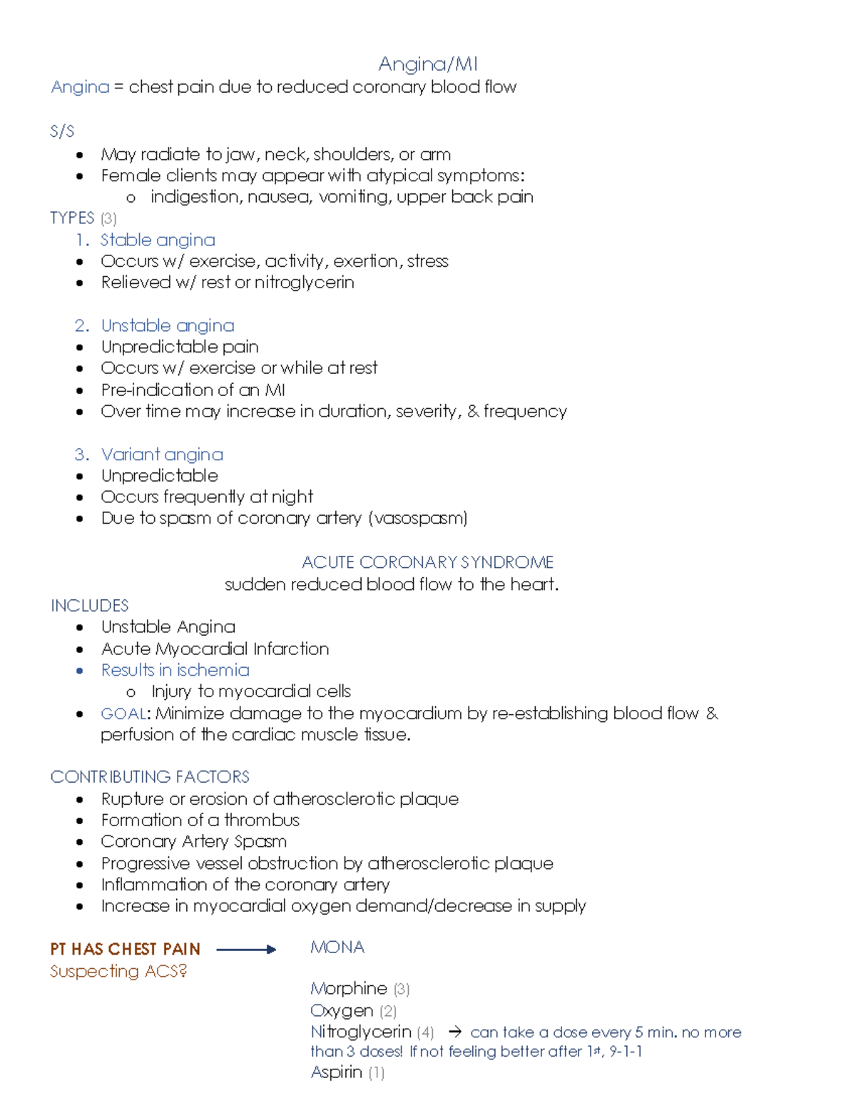 Angina and MI study guide - Angina/MI Angina = chest pain due to ...