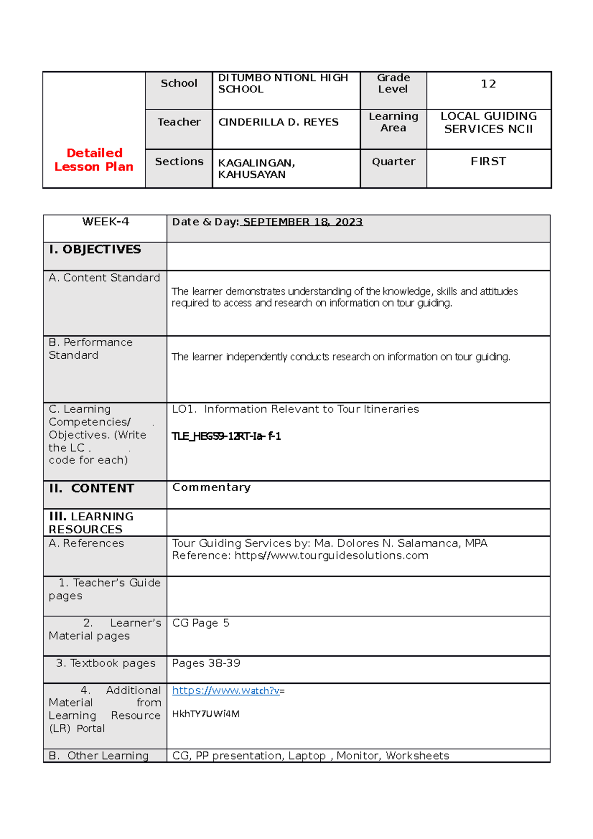 Q1-W4-DLP LGS - Q1-Week 4 Local guiding services detailed plan - Detailed Lesson Plan School ...