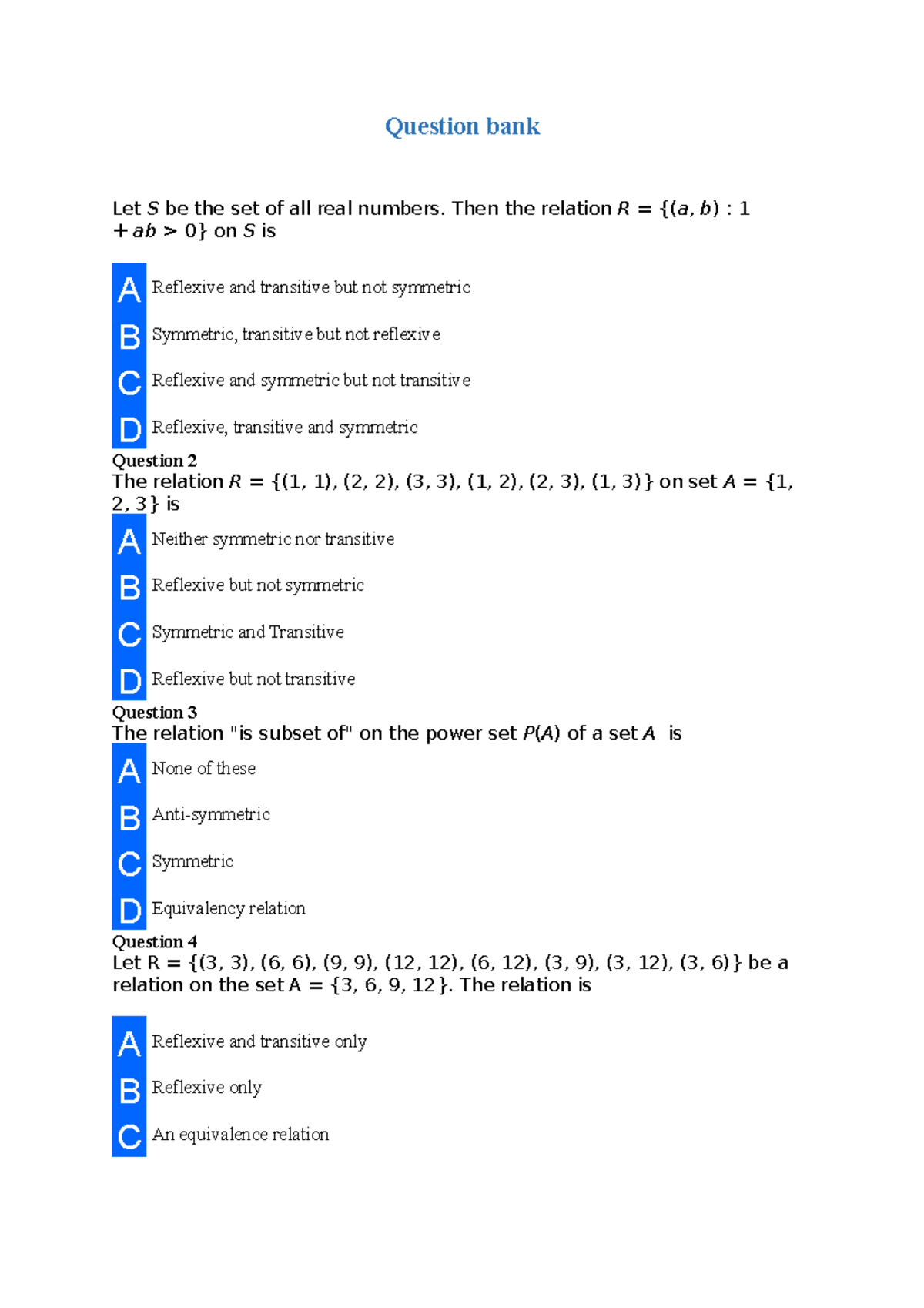 Question bank of dstl - Question bank Let S be the set of all real ...