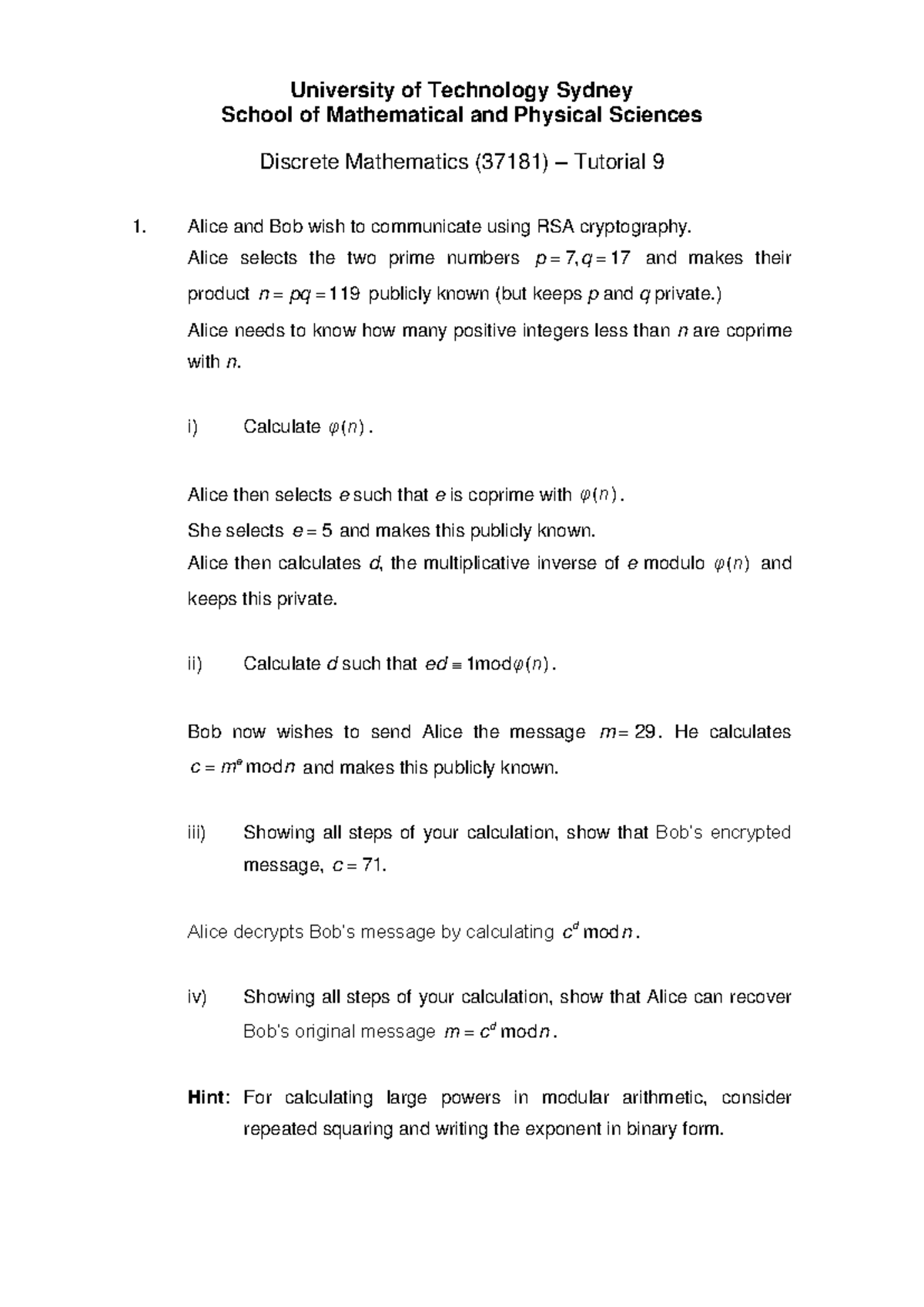 37181 Tut9 SMW - Tutorail Work - University of Technology Sydney School ...