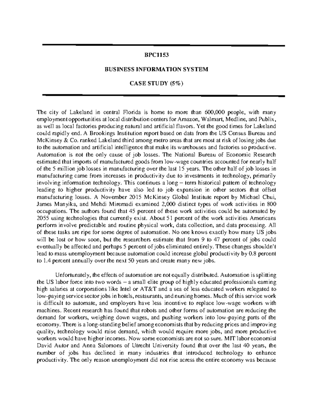 case study BIS - BPC BUSINESS INFORMATION SYSTEM CASE STUDY (5%) The city of Lakeland in central ...