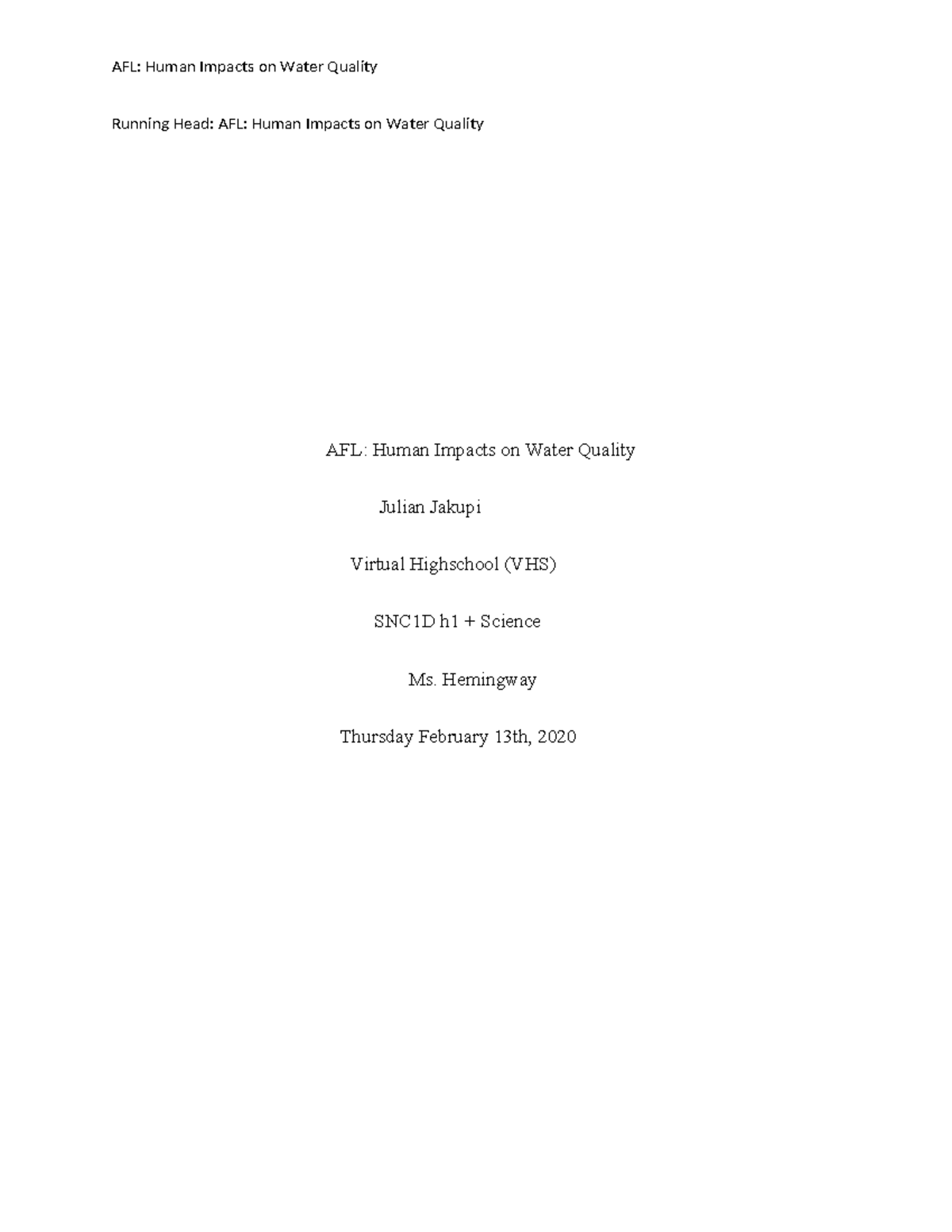 AFL Human Impact On Water Quality - Running Head: AFL: Human Impacts on ...