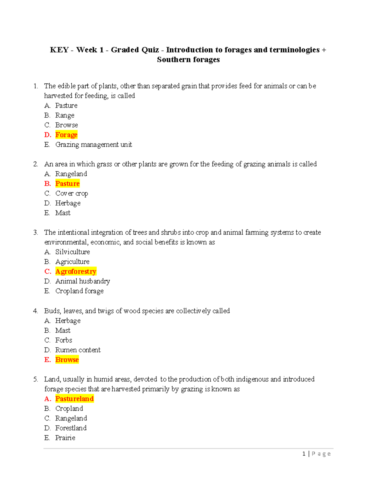KEY - Week 1 -Graded Quiz - Introduction to forages and terminologies ...